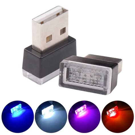 차량용 미니 Usb Led 분위기 조명 장식 램프 블루 및 레드 퍼플 화이트 인테리어 조명 Pc 휴대용 플러그 4x
