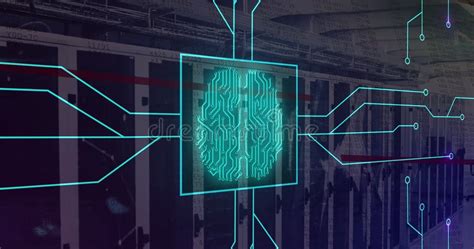 Image Of Illuminated Circuit Board Pattern Around Brain In Square Over Server Room Stock