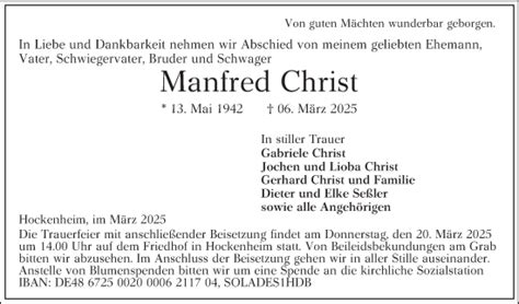 Traueranzeigen Von Manfred Christ Trauerportal Ihrer Tageszeitung