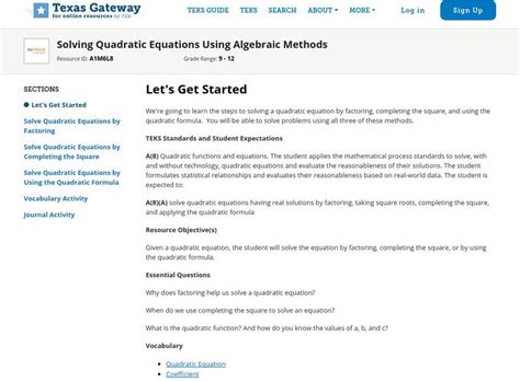 Texas Gateway Solving Quadratic Equations Using Algebraic Methods Unit Plan For 9th 10th