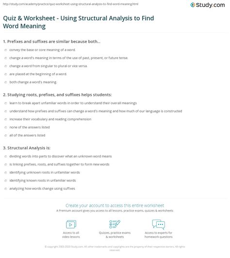 Quiz And Worksheet Using Structural Analysis To Find Word Meaning