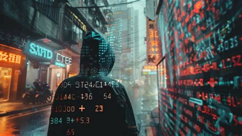 Hacker In A Hoodie With Digital Code Overlay Standing In A City Street At Night Symbolizing