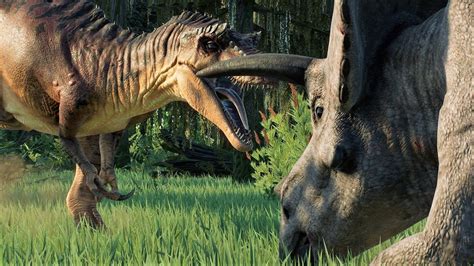 Forest Battle Qianzhousaurus Vs Torosaurus Jurassic World Evolution