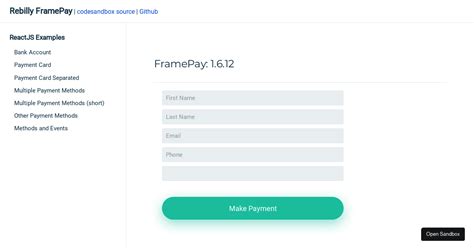 Rebilly Framepay React React Router Codesandbox