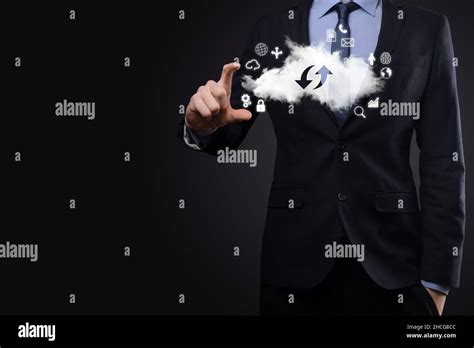 Cloud Technology Cloud Storage Sign With Two Arrows Up And Down On Dark Cloud Computing Big