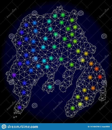 Polygonal 2D Mesh Map Of Gambier Island With Bright Light Spots Stock
