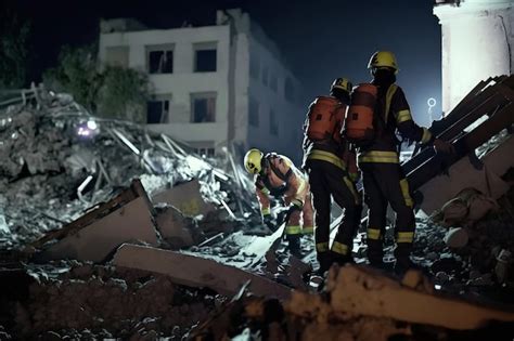 Premium Photo Rescuers In Uniform And Helmets Dismantle The Rubble Of
