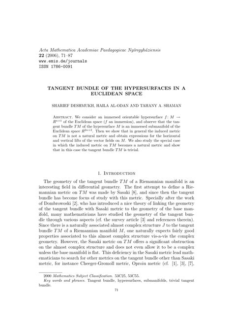 pdf tangent bundle of the hypersurfaces in a euclidean space
