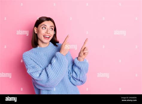 Portrait Of Attractive Cute Stunned Cheerful Girl Demonstrating Ad Copy
