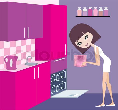 Girl Puts Plates In The Dishwasher Stock Image Colourbox