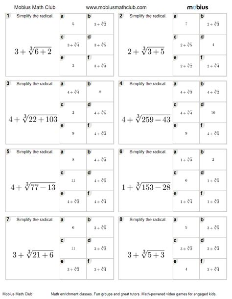 Free Printable Math Worksheet Radicals Addition Under Cubed Radical Plus Integer To Integer