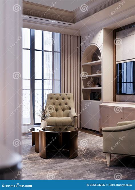 Chic Interior Corner Featuring An Arched Doorway Plush Armchair And Sleek Media Console
