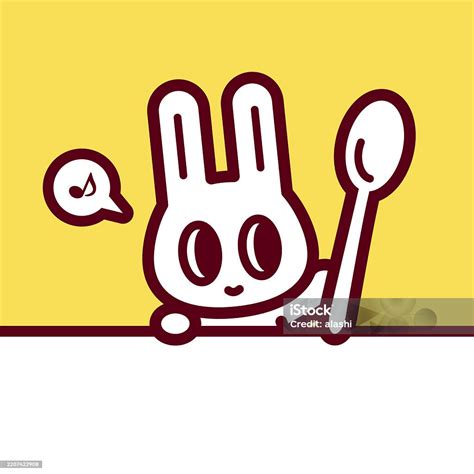 숟가락을 들고 있거나 빈 간판 뒤에 있거나 테이블에 앉아 있는 귀여운 부활절 토끼 정면도 평면 색상의 검은색 윤곽선 미니멀한 스타일 건강한 식생활에 대한 스톡 벡터 아트 및