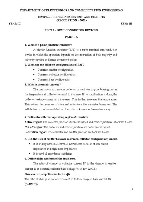 EC EDC UNIT II DEPARTMENT OF ELECTRONICS AND COMMUNICATION ENGINEERING EC ELECTRONIC