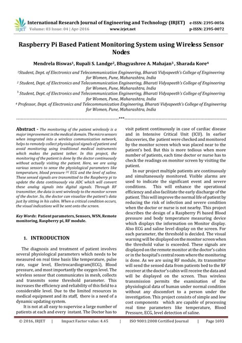 Pdf Raspberry Pi Based Patient Monitoring System Using Wireless