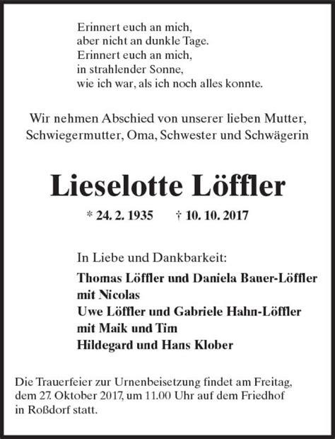 Traueranzeigen von Lieselotte Löffler vrm trauer de