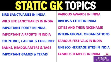 IMPORTANT STATIC GK TOPICS FOR ALL COMPETITIVE EXAMS ONLINE TNPSC