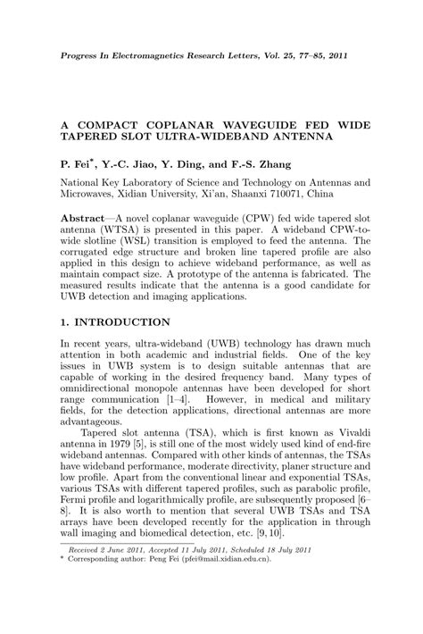PDF A Compact Coplanar Waveguide Fed Wide Tapered Slot Ultra Wideband Antenna