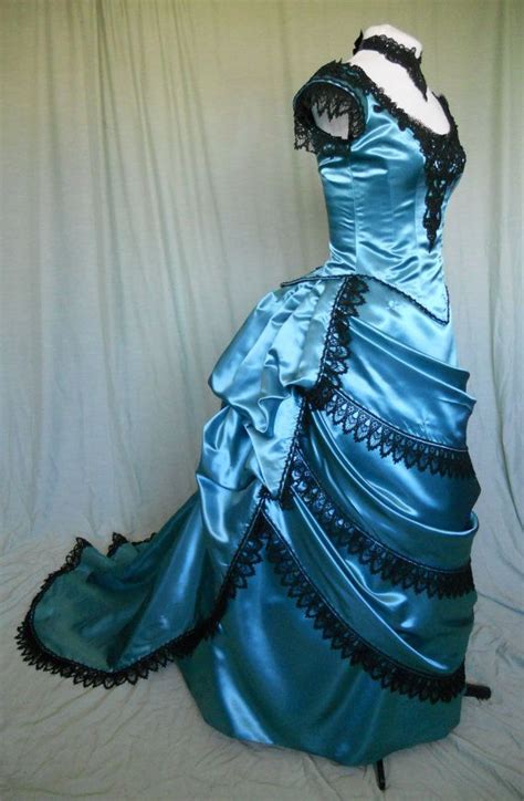 Victorian Style Bustled Ball Gown In Teal Satin With Black Lace 595