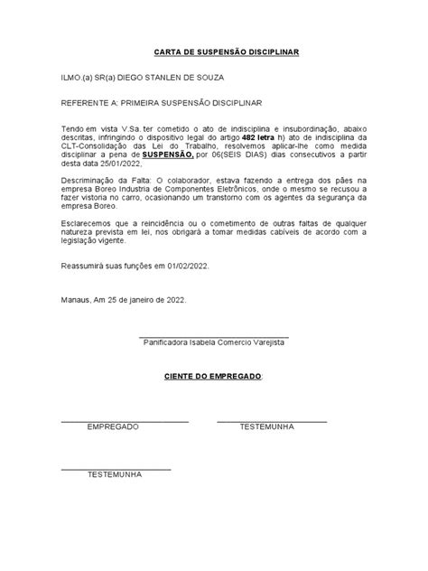 Carta De Suspensão Disciplinar Pdf