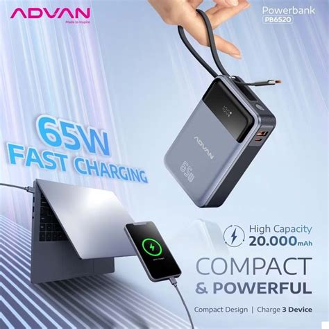 Advan Powerbank Pb6520 20000 Mah Fast Charging 65w Type C Telepon Seluler And Tablet Aksesoris