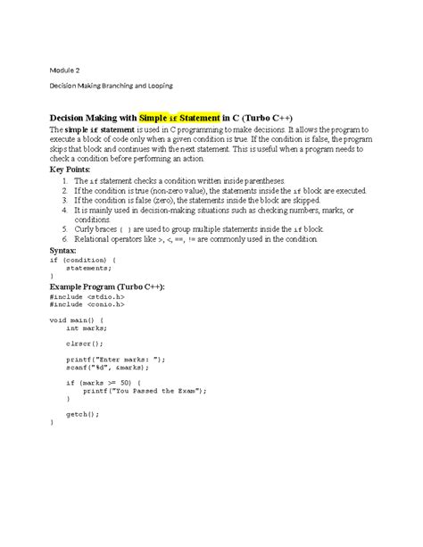 Module 2 Decision Making And Looping In C Programming Studocu