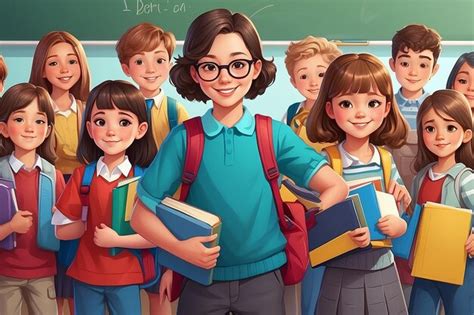 Premium Photo Pretty Teacher Standing With Pupils Classmates Portrait