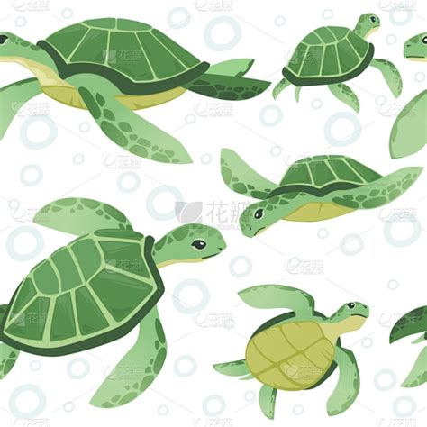 海洋 矢量 动物 四方连续纹样 绘画插图 龟 卡通 可爱的 绿蠵龟 式样素材 花瓣网