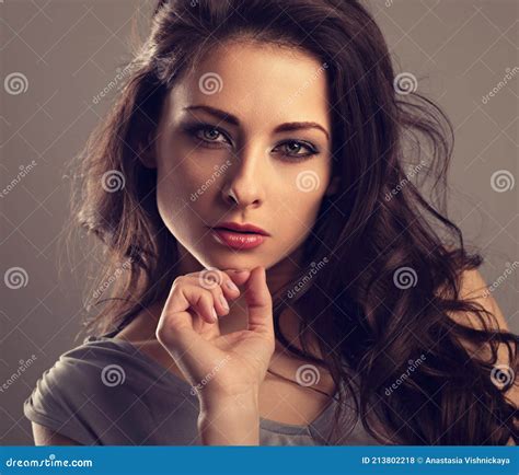 Beautiful Mysterious Woman Makeup Face And Healthy Volume Brown Hair