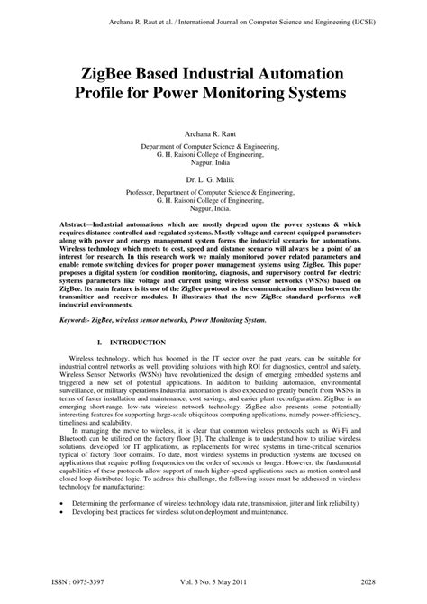 PDF ZigBee Based Industrial Automation Profile For Power Monitoring