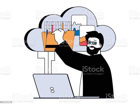 캐릭터 상황이 있는 디지털 비즈니스 개념 사업가는 클라우드 컴퓨팅 호스팅 서비스를 사용하여 스타트 업을 개발하고 랩톱에서 작동합니다 웹용 평면 디자인의 사람 장면이 있는