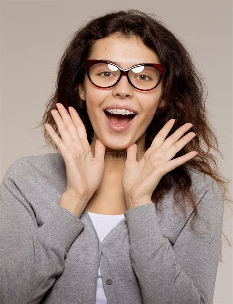 Nerd Girl In Glasses And With Brackets On Teeth Positive Excellent