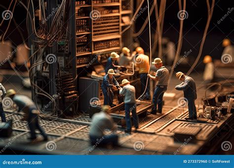 Miniature Diorama Many Tiny Workers Building Internet Network Inside