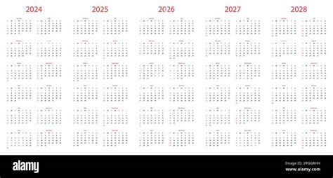Сalendar Set For 2024 2028 Years Week Start Monday Vector Planner