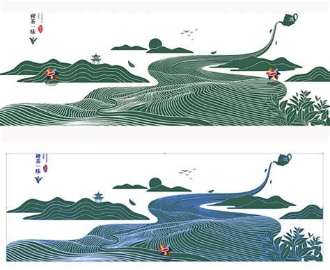 茶创意矢量手绘插图绘图茶叶茶山中国风山水手绘茶绘图茶园线稿ai 花瓣网