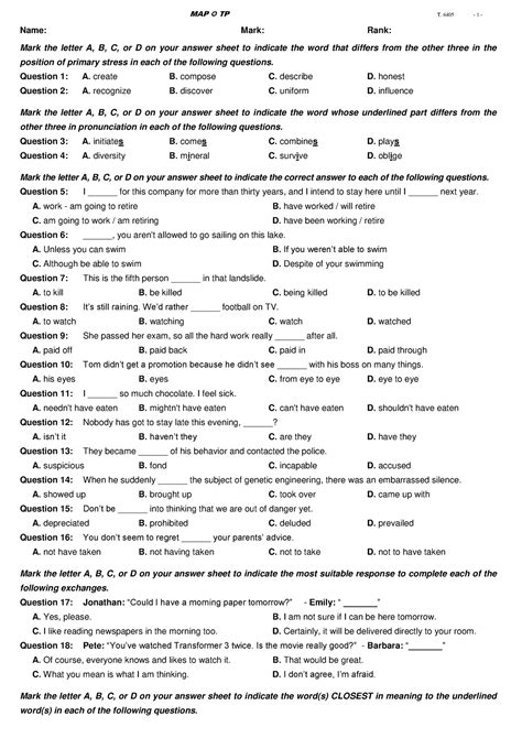 T 6405 English Exercise Name Mark Rank Mark The Letter A B C Or D On Your Answer Sheet