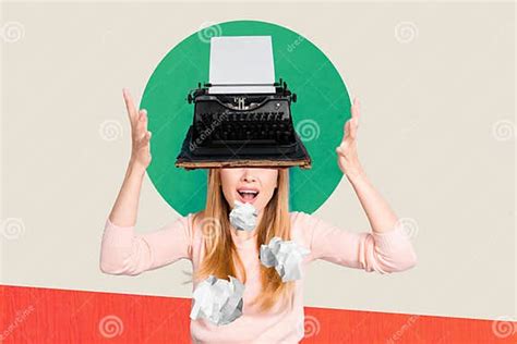 Collage Artwork Of Aggressive Young Lady Stressed Raised Palms Up