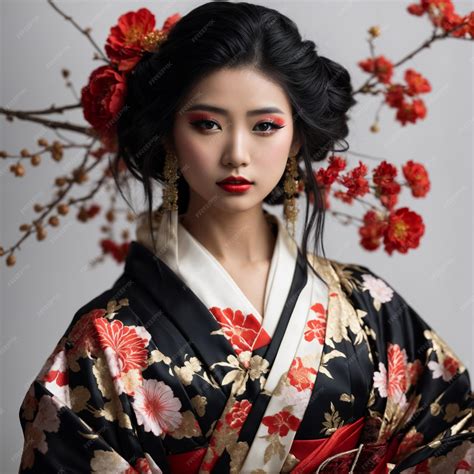 Premium Photo A Beautiful Japanese Girl Model Pose Wearing Kimono Full Make Up Geisha Half