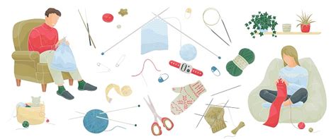 의자에 앉아있는 남자와 여자 뜨개질 뜨개질 바늘 크로 셰 뜨개질 양모 공 핀 가위 행 카운터 스티치 마커 단추 니트 장갑에 대한 요소 세트 가위에 대한 스톡 벡터 아트 및