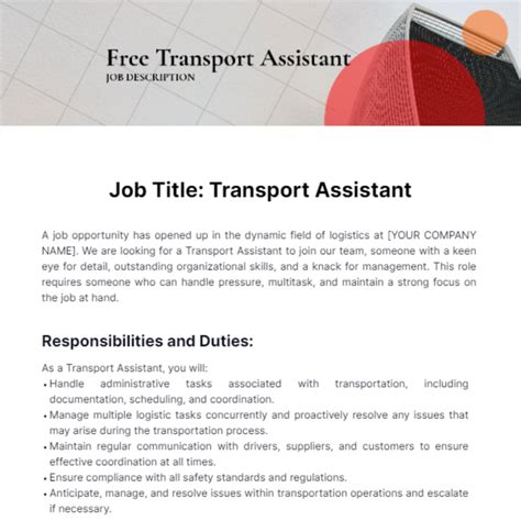 Free Transport Assistant Job Description Template To Edit Online