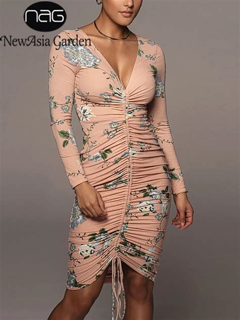 Newasia Long Sleeve Floral Dress Ruched Drawstring V Neck Tie Up Sexy