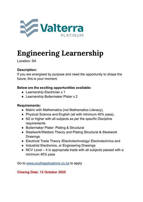 Engineering Learnership At Valterra Platinum Location Sa Opportunities