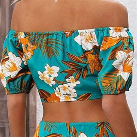 Bellanblue Skirts Boho Floral Tropical Print Off Shoulder Crop Top