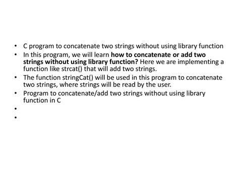 C program to concatenate two strings without using library function In this program, we will ...