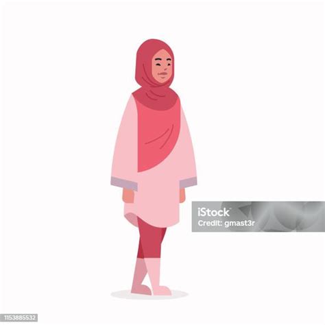 아랍 여자 히 잡 아라비아 소녀 입고 머리 스카프 전통 옷 서 포즈 아라비아 여성 만화 캐릭터 전체 길이 플랫 개념에 대한 스톡 벡터 아트 및 기타 이미지 Istock