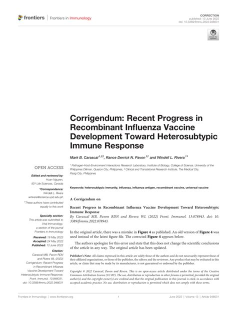 Pdf Corrigendum Recent Progress In Recombinant Influenza Vaccine