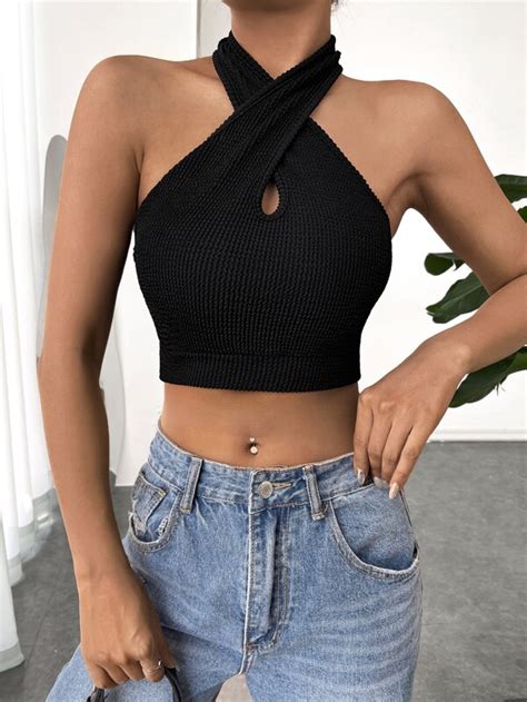 Shein Ezwear Crisscross Backless Crop Halter Top Shein Usa
