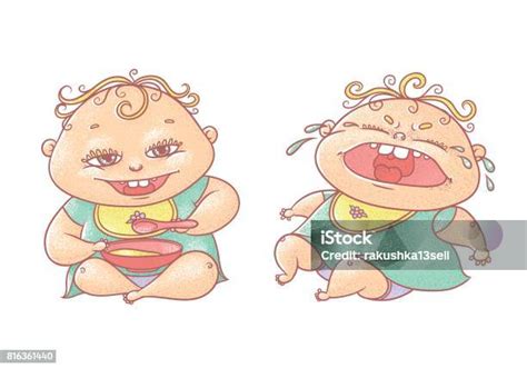 벡터 컬러 만화 그림 아이입니다 통 통한 재미 곱슬 꼬마 큰 눈입니다 우는 고 청록색 옷에 시리얼 아기는 턱 받이 먹고 가정