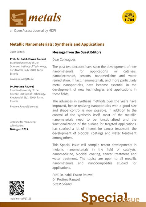 PDF Special Issue Metallic Nanomaterials Synthesis And Applications