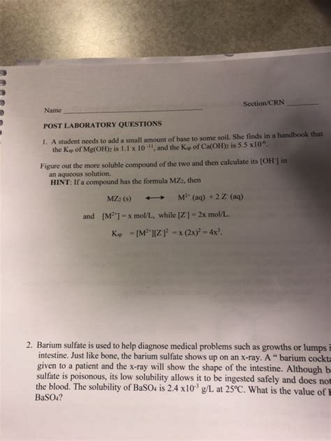 Solved Sectioncrn Name Post Laboratory Questions 1 A
